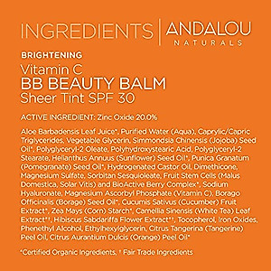 Andalou Naturals Vitamin C BB Beauty Balm Sheer Tint SPF 30, 2-in-1 BB Cream & Face Sunscreen with Broad Spectrum Protection, Mineral Sunscreen with Non-Nano Zinc Oxide, 2 Fl Oz