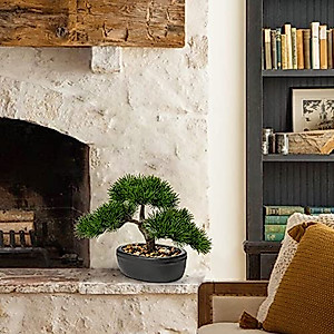 Fake Bonsai Tree Zen Juniper Bonsai Plant 9” Tall Artificial Bonsai Trees with Black Ceramic Pot Decorated with Pebbles Desk Plant Indoor Bonsai for Home Office Decor