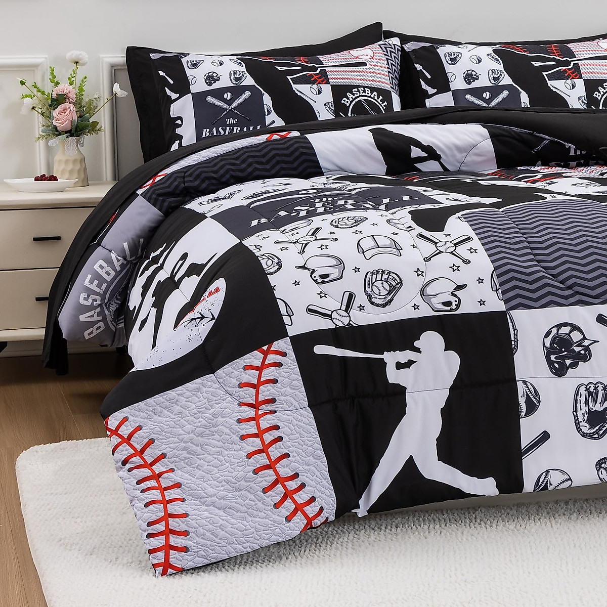 A Nice Night Sports Geometric Grid Black Patchwork Baseball Printed for Boys Twin 6Pcs Bed in A Bag Comforter Bedding Set,Black
