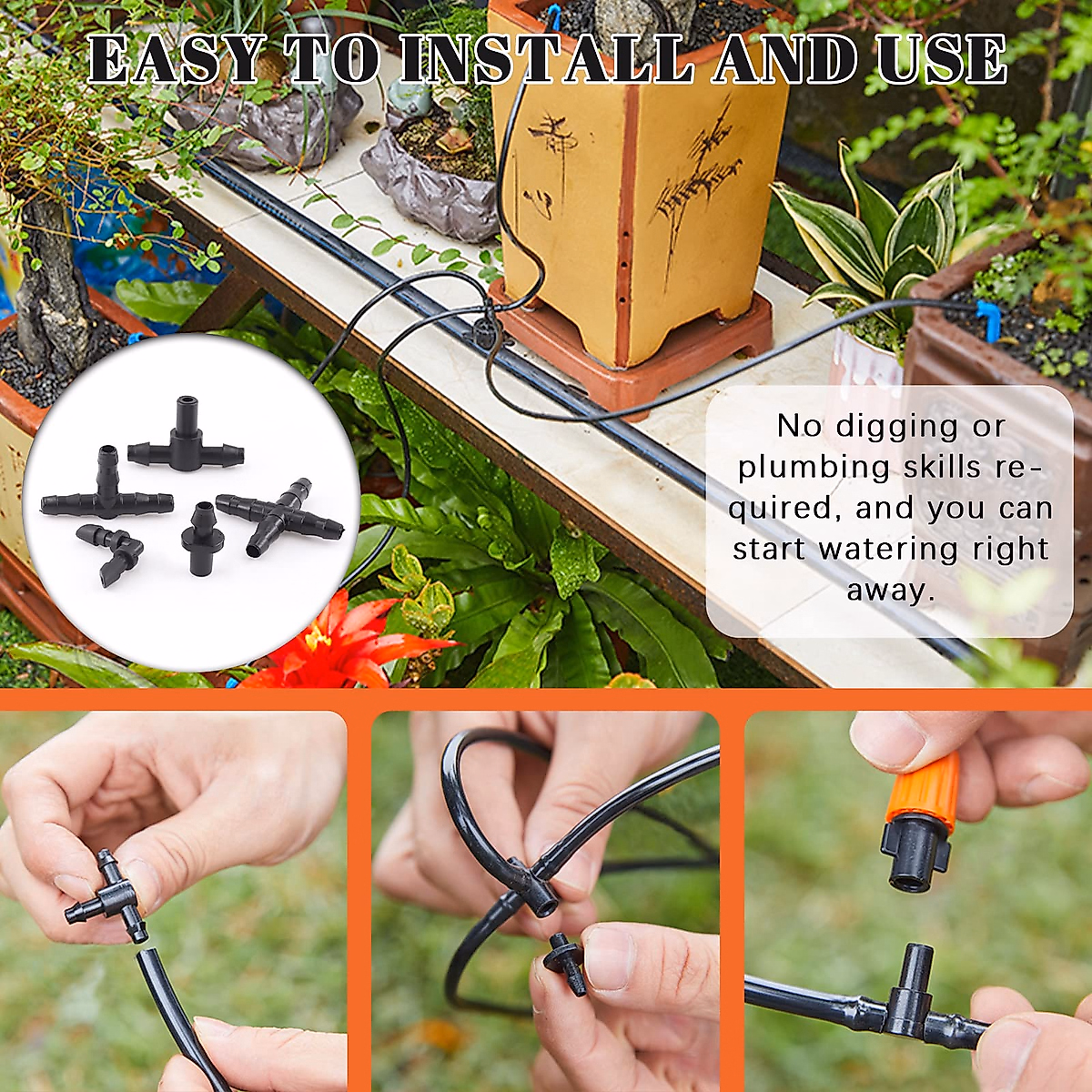 Tanstic 240Pcs Barbed Connectors Drip Irrigation Fittings Kit, Including Single Barbs, Straight Barbs, Tees, Switch Valve, Elbows, End Plug, Hose Stakes, 4-Way Coupling for Sprinkler Drip Systems
