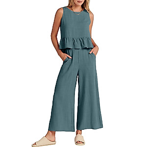 ANRABESS Women Summer 2 Piece Outfits Sleeveless Tank Crop Top Wide Leg Pants Linen Jumpsuits Lounge Matching Beach Sets Cyan Blue Large
