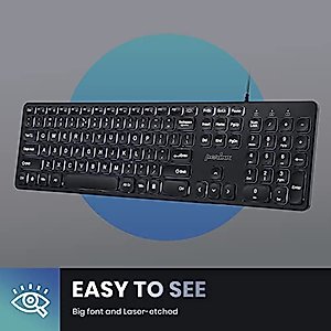 Perixx PERIBOARD-331 Wired Backlit USB Keyboard, Slim Design with Big Font Keys, White Illuminated LED, US English Layout