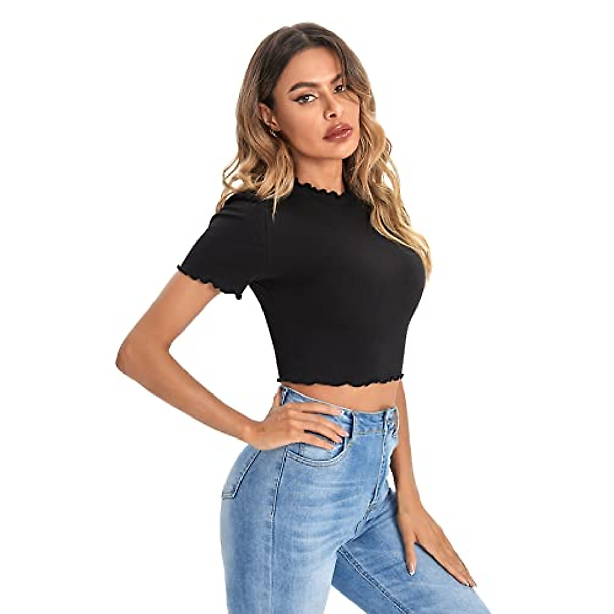 SweatyRocks Women's Lettuce Trim Ribbed Knit Short Sleeve Crop Top T-Shirt Black S