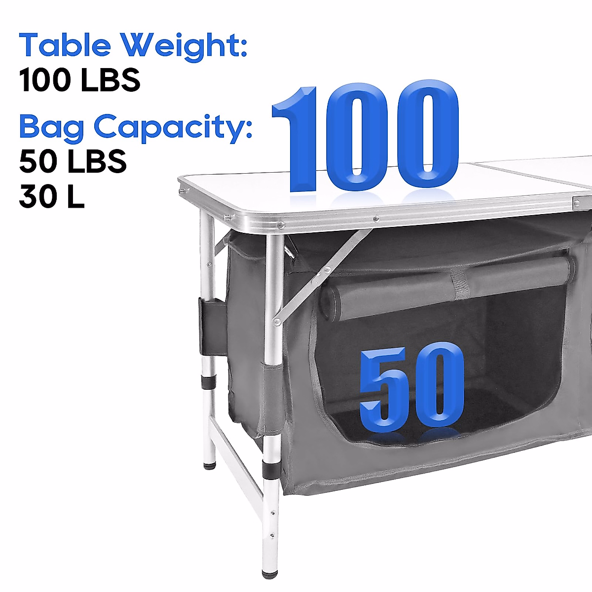 Moosinily Folding Camping Table 4 Ft Foldable Picnic Table 3 Height Adjustable Portable Camp Kitchen with Oxford Storage Outdoor White 47.2×18.5 inch
