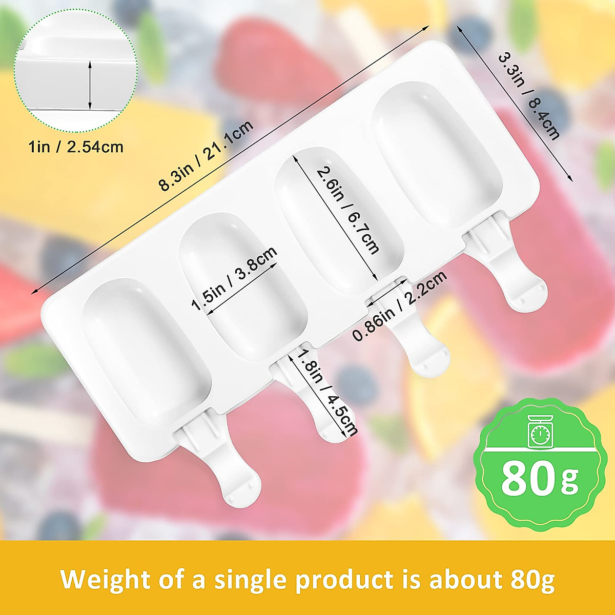 Perthlin 4 Pieces Ice Cream Mould ice lolly Mold Silicone Ice Cream Mold 4-Cavity Cake Pop Molds Baking Molds with 200 Pieces Sticks for Homemade Treats (White)