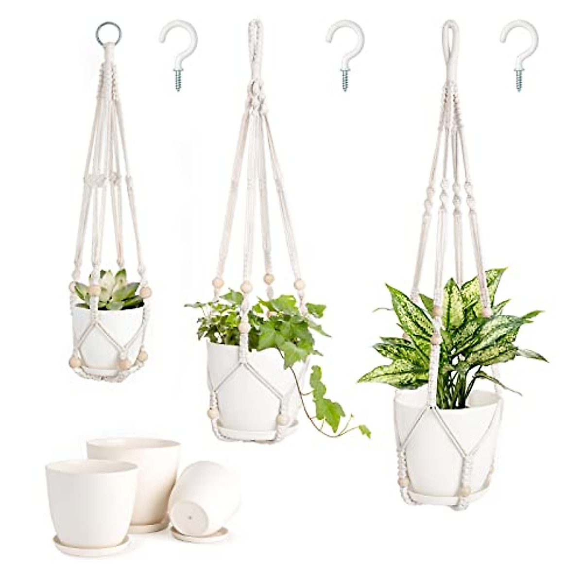 Mkono 3 Pack Macrame Plant Hangers with Pots, 35"/29"/23" Indoor Different Size Hanging Planter Basket Flower Pot Holder with Saucers & Hooks No Tassels (Plastic Flower Pots Included), Medium, Ivory