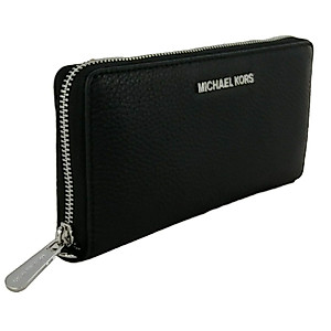 Michael Kors Jet Set Travel Continental Zip Around Leather Wallet Wristlet (Black with Silver Hardware)
