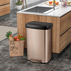 S AFSTAR 13.2 Gallon Step Trash Can, Stainless Steel Garbage Bin with Soft Close Lid & Deodorizer Compartment, Fingerprint-Proof Trash Bin, Step-On Trashcan for Home Office Kitchen, Rose (Golden)