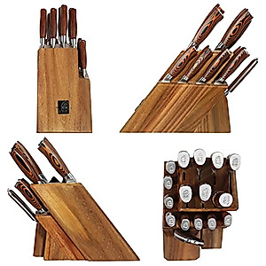 TUO 17 PCS Kitchen Knife Set for Kitchen with Block, German X50CrMov15 Steel Blade Knife Block Set, Full Tang Pakkawood Handle