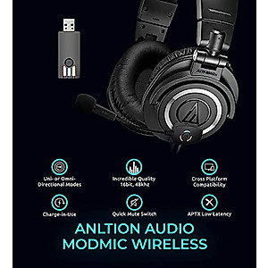 Audio Technica ATH-M40x Professional Studio Monitor Headphone Black Bundle with Antlion Audio ModMic Wireless, Blucoil 6' 3.5mm Extension Cable, Headphone Amp, Headphone Hook and Slappa Headphone Case