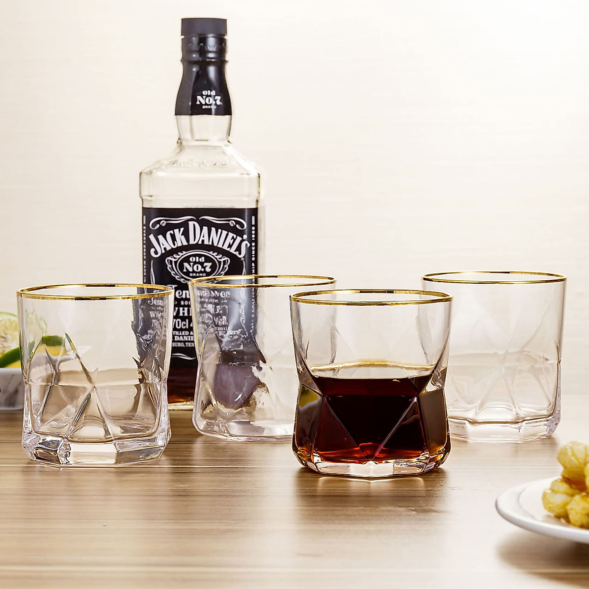 MyGift Set of 4 Clear Glass Old Fashioned Whiskey Tumblers with Prismatic Geometric Shape Design and Gold Rim - 11 oz