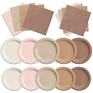 CMUSKO Boho Baby Shower Decorations-60Pcs Gradient Brown Plates and Napkins Kit Neutral Boho Party Supplies for Bridal Shower,Wedding, Birthday
