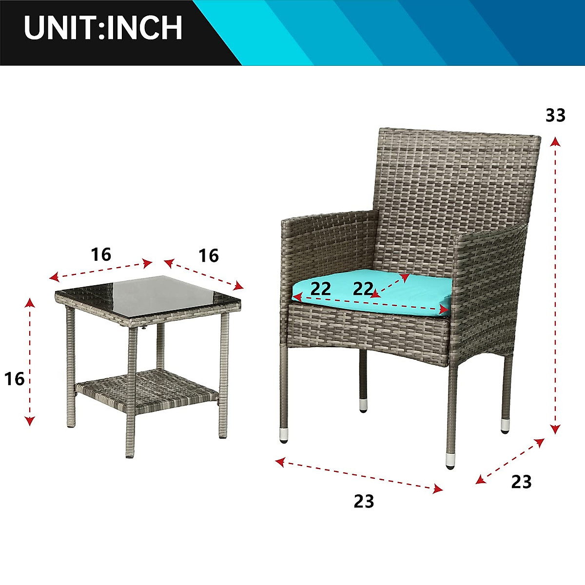 FDW 3 Piece Outdoor Furniture Set Patio Gray Wicker Chairs Furniture Bistro Conversation Set 2 Rattan Chairs with Blue Cushions and Glass Coffee Table for Porch Lawn Garden Balcony Backyard
