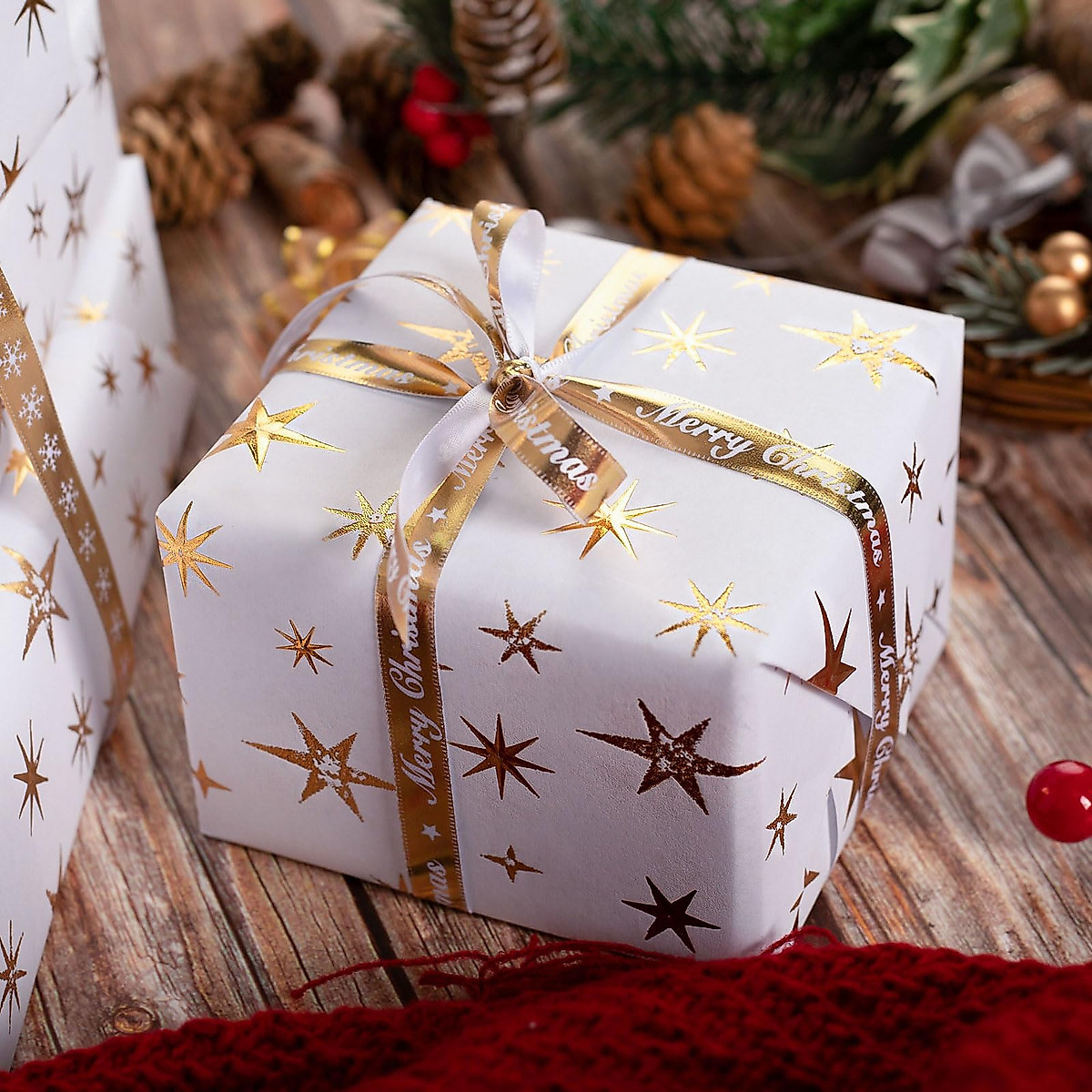 Flyhill White Wrapping Paper-17inch*197inch（ 23.4sq.ft.ttl Per Roll - White Gold 3D Embossed Foil Star Pattern for Christmas,Birthday, Party,Wedding,Bridal Shower Shower,Thanksgiving