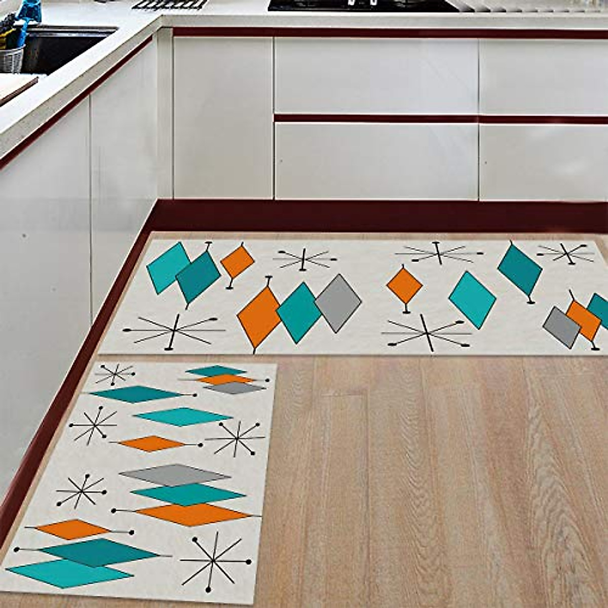 Kitchen Rug Set Europen Modern Mid Century 2 Piece Non-Slip Kitchen Floor Mat Rubber Back Retro Prismatic Soft Indoor Bathroom Doormat Runner Rug Carpet Set (15.7"x23.6"+15.7"x47.2")