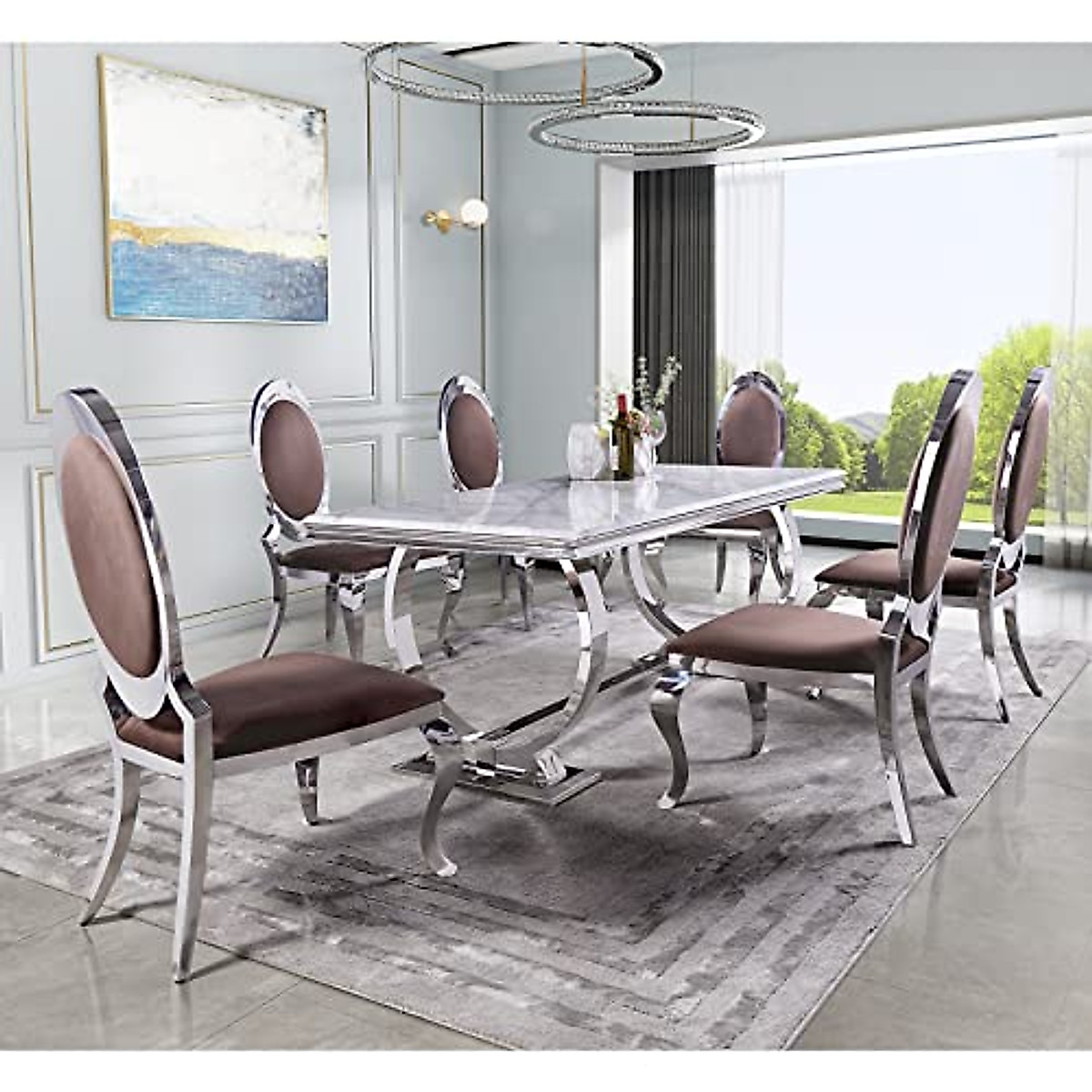 ACEDÉCOR Modern Dining Room Table with Silver Stainless Steel Metal U-Base in Grey Silver