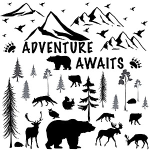 4 Sheets Mountain Wall Decal Rustic Nursery Wall Decals Dreamy Forest with Pine Tree Deer Peel and Stick Inspirational Quote Wall Stickers DIY Wall Decals for Kids' Room (Black,19.69 x 15.75 Inches)
