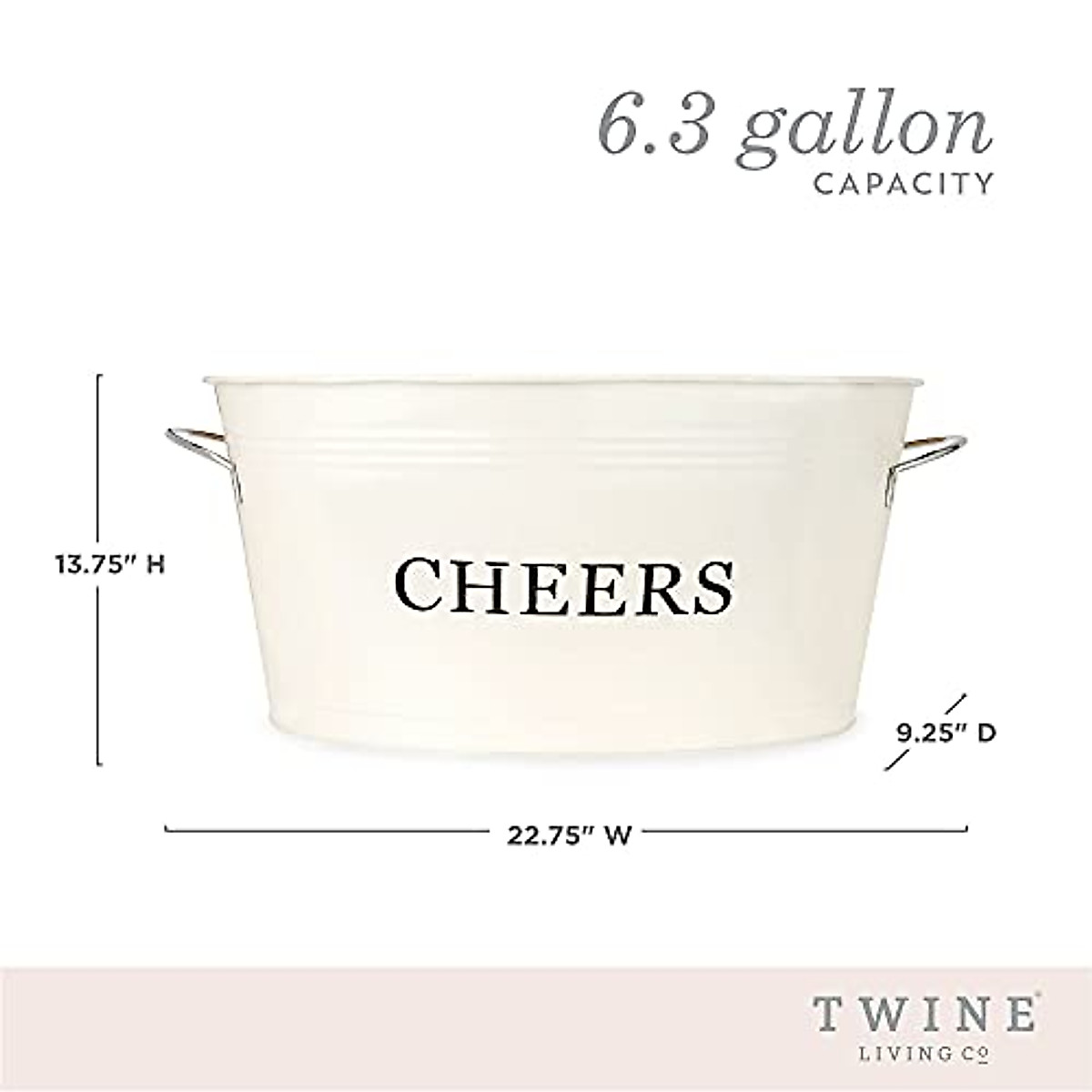 Twine Rustic Farmhouse Decor Ice Bucket & Galvanized Cheers Beverage Tub for Parties, 6.3 Gallons, Cream