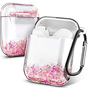 NZND Glitter Liquid Case Compatiable with Apple AirPods 1/2, Sparkle Flowing Floating Durable Girls Women Kids Cute Clear Hard Cover Carrying Case -Rose Gold