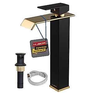 KUZOR 1PC Vessel Sink Faucet Brass Stainless Steel, Tall Bathroom Faucet 1 Hole 5-Minutes Installation - for Bathroom/Vanity/Bowl Sink - 11.26 Inch Height, 24.9 Oz Weight - Matte Black/Shiny Gold