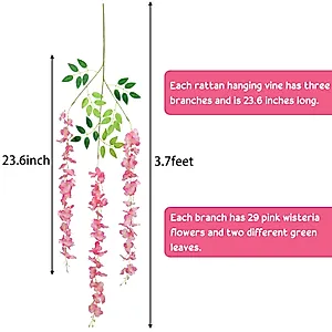 CEWOR 36 Pack Wisteria Hanging Flowers, 3.7 Feet Fake Wisteria Garland Artificial Flower Vines for Wedding Arch Party Home Greenery Wall Decor (Pink)