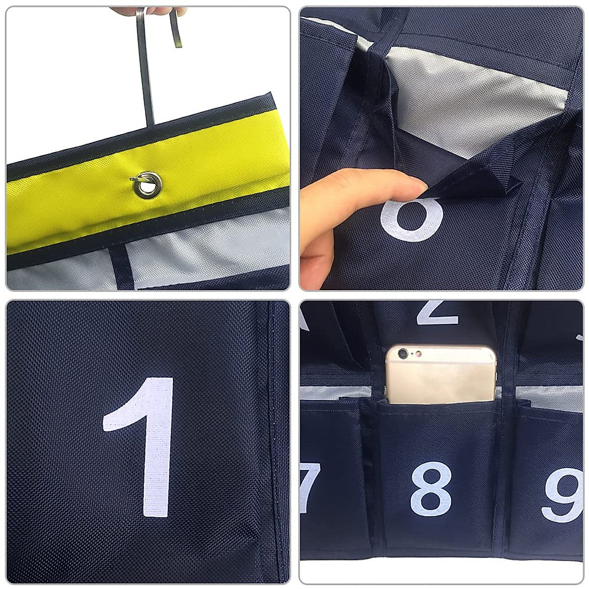 AFUNTA 30 Numbered Pockets Classroom Calculator Holder & Cell Phone Pockets Chart Organizer Hanging Door and Wall Storage Bag with 4 Adhesive Hooks / 4 Door Hooks - Navy
