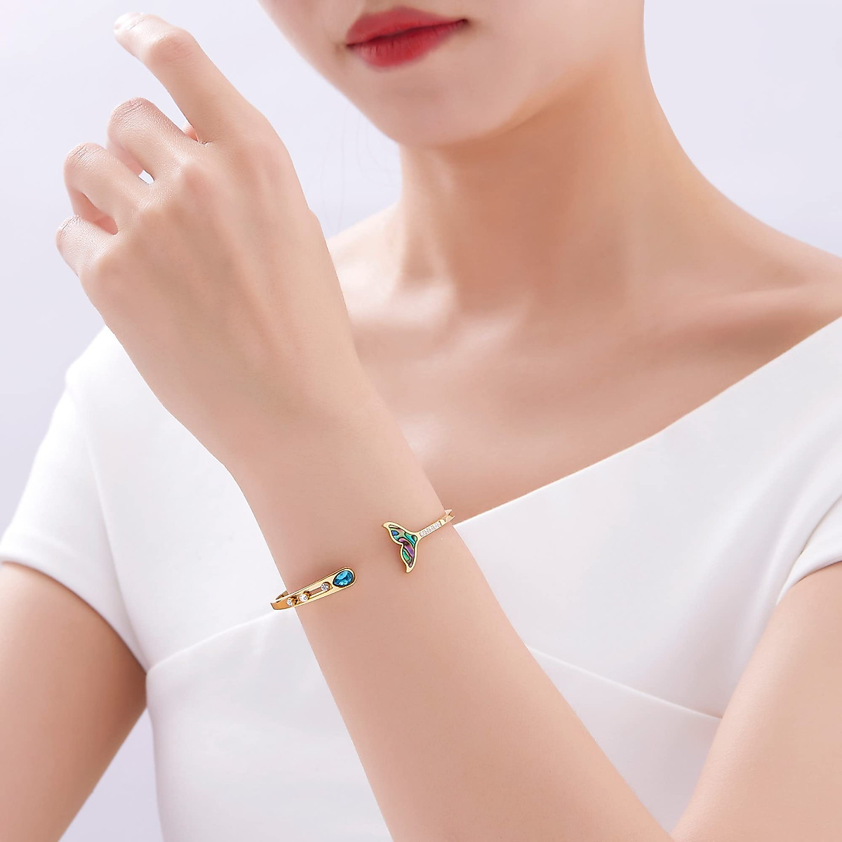 Aradoo Mermaid Tail Bangle Bracelets For Women, Abalone Shell Stainless Steel Open Cuff Bracelet, Inlaid Cubic Zirconia Germanium Energy Bracelet, Birthday Jewelry Gifts For Women (Gold)