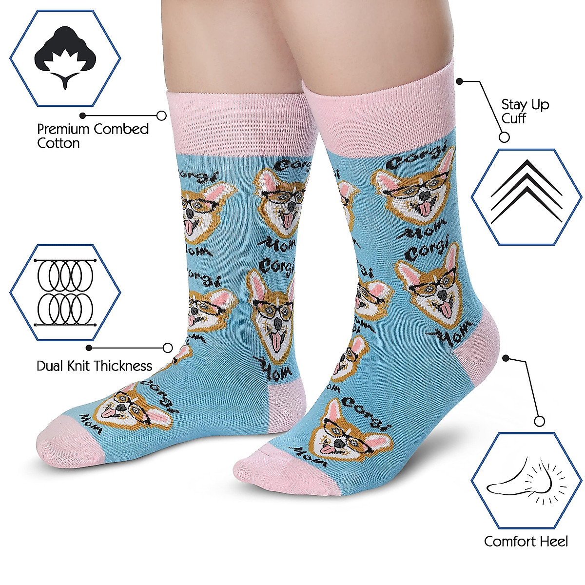 Cavertin Women's Novelty Socks with Gift Box Cat Lover Dog Mom Book Lover Cat Mom Llama Unicorn Sloth Corgi (Corgi)