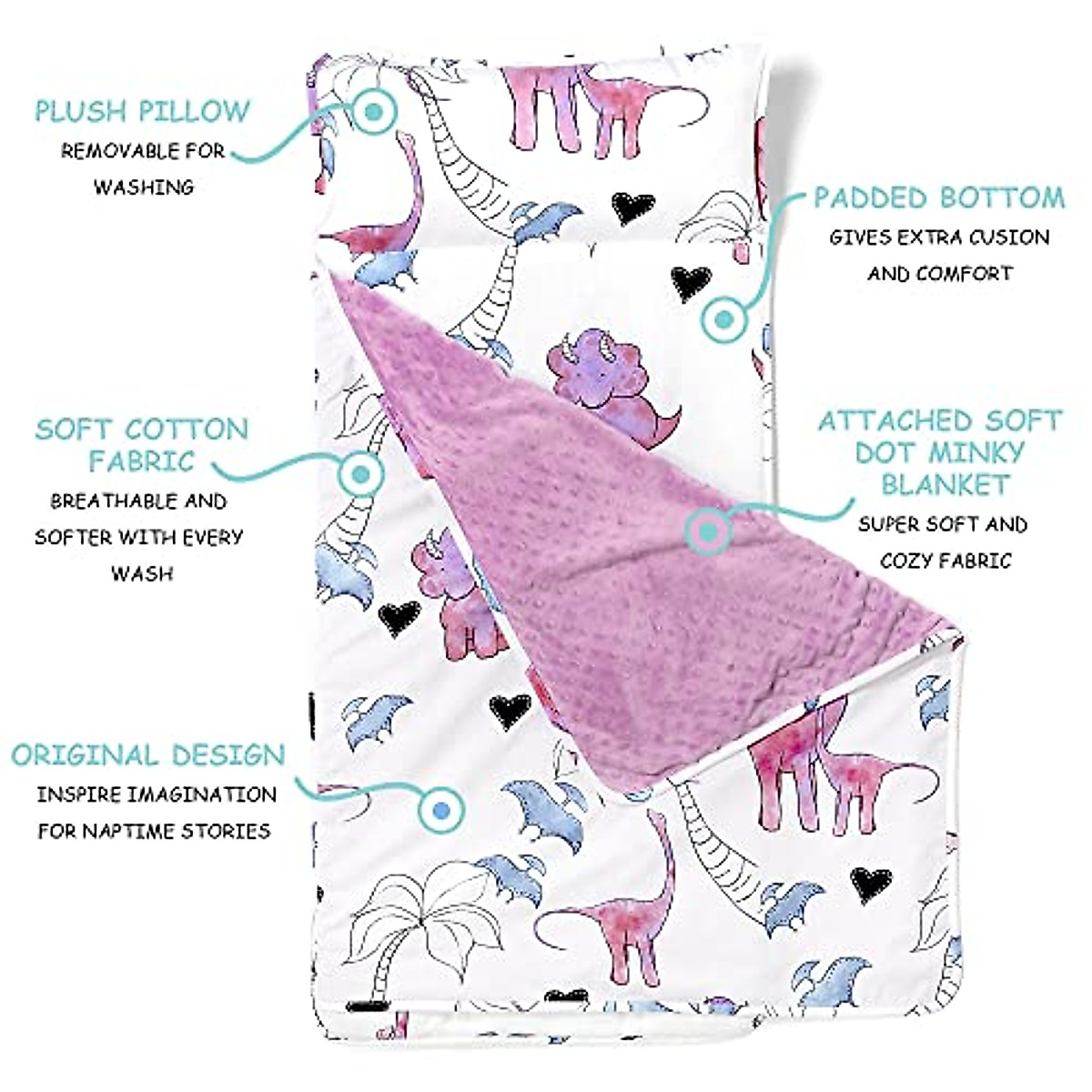 JumpOff Jo - Toddler Nap Mat for Preschool, Daycare, and Kindergarten - Sleeping Bag for Kids with Removable Pillow and Ultra Soft Blanket - Pink Dino