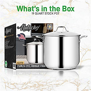 NutriChef 19-Quart Stainless Steel Stock Pot - 18/8 Food Grade Heavy Duty Induction Large Stock Pot, Stew Pot, Simmering Pot, Soup Pot with See Through Lid, Dishwasher Safe - NutriChef NCSP20