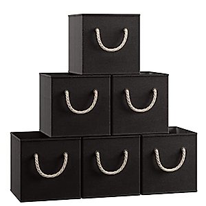 Ornavo Home Foldable Collapsible Storage Box Bins Linen Fabric Shelf Basket Cube Organizer with Rope Handles - Set of 6-13 x 13 x 13 - Black