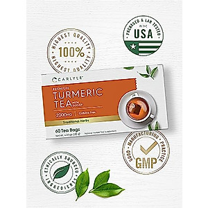 Turmeric Tea with Ginger | 60 Tea Bags | Caffeine Free | Non-GMO & Gluten Free Herbal Tea Supplement | by Carlyle
