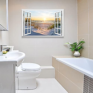 Woxfcart Window Beach Picture Canvas Wall Art Ocean Sunset Decor Yellow Natural Landscape with Framed 36x24