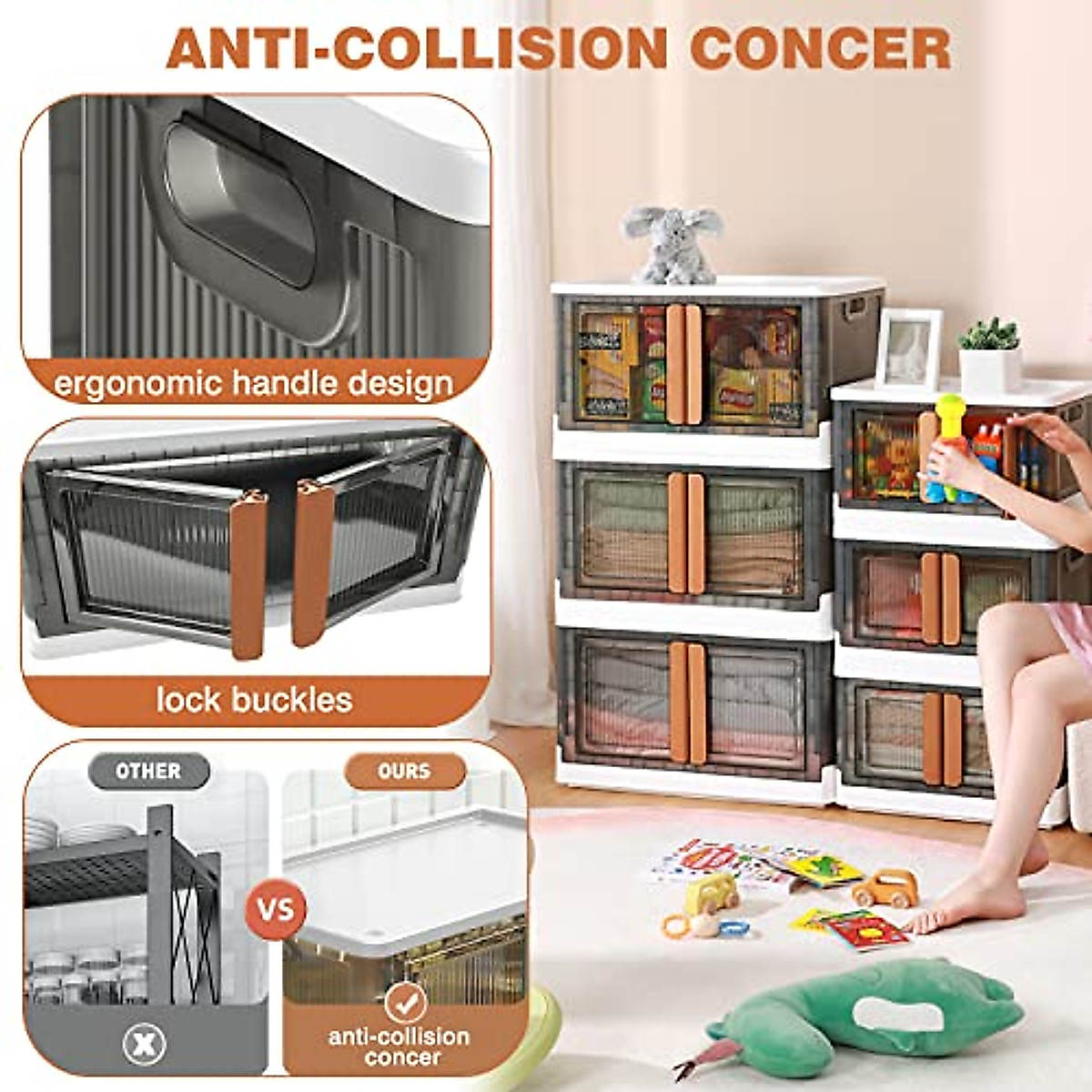 THXIY Plastic Storage Bins 1 Pack, 19 Gal Storage Bins with Lids and Wheels, Collapsible Storage Bins with Front Door and Top Cover Openings, Stackable Toy Storage Box containers for Home Organizing White