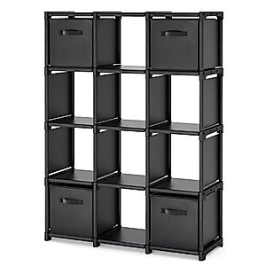 Tribesigns 12 Cubes Storage Organizer DIY Storage Shelves Stackable Open Bookshelf with 4 Cube Storage Bins with Handle Organizer 10.5" x 10.5" for Closet Rack Cabinet Bedroom Livingroom, Black