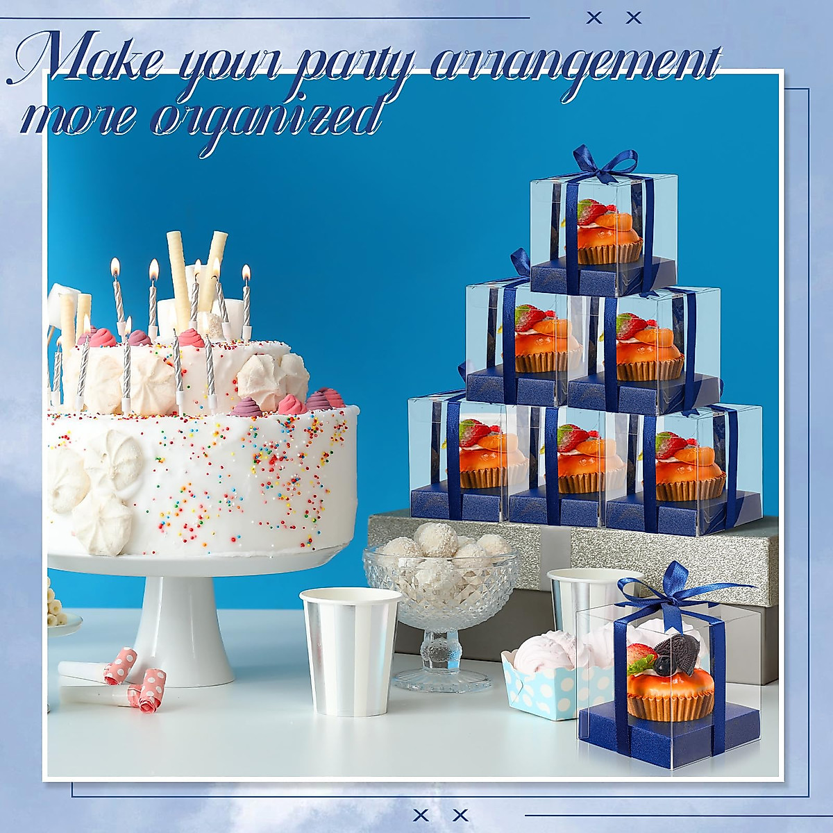 Thenshop 50 Pcs Clear Cupcake Boxes Individual 3.5 Inch Plastic Single Cupcake Containers Boxes with Inserts and Ribbon Individual Cake Storage Holders for Cake Kitchen(Dark Blue)