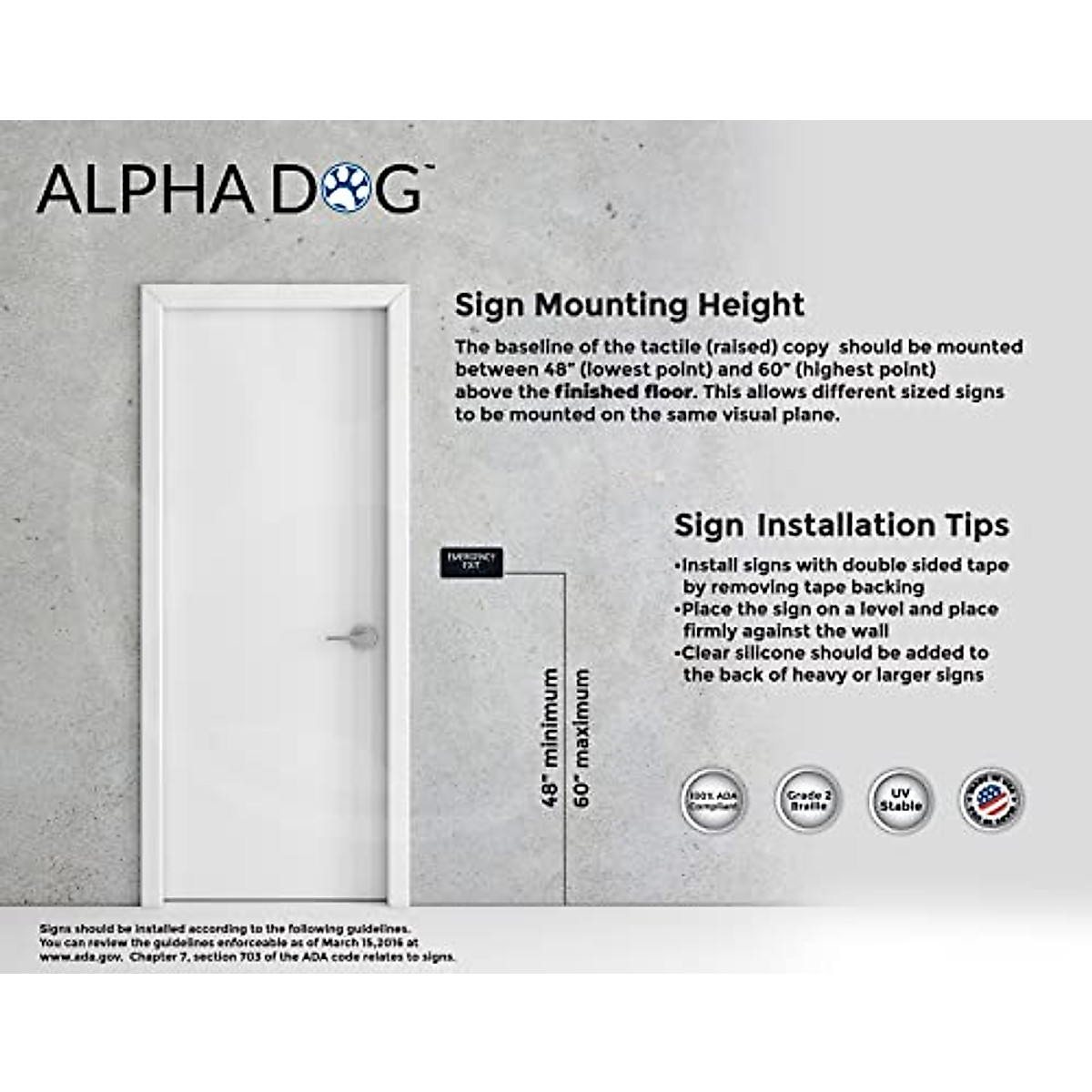 ALPHA DOG Emergency Exit Sign with Braille - ADA Compliant Tactile Emergency Exit Sign with Grade 2 Contracted Braille and Raised Text, 4x8 Inch, UV Stable for Indoor or Outdoor Use, Made in the USA