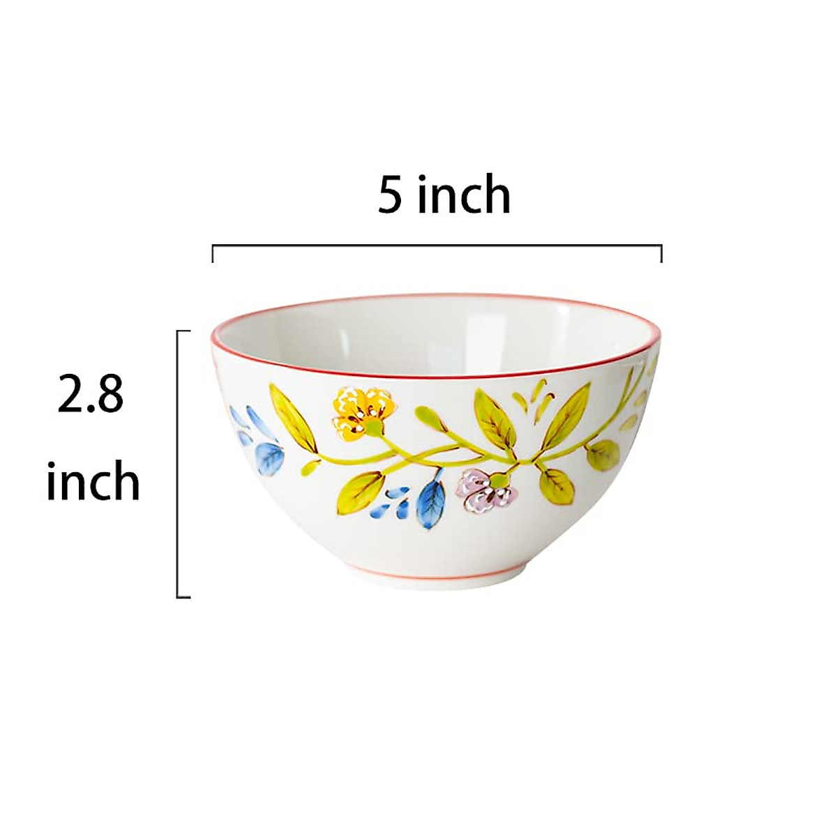 AwakingWaves Funny Hand Painted Flower Ceramic Pasta Bowls for Fruit, Salad, and Soup, Cute Candy Snack Porcelain Round Serving Striped Bowl for Kitchen, Vibrant Color Restaurant Party Decor (red)
