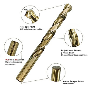 BeHappy Cobalt Drill Bit Set 15Pcs, M35 High Speed Steel Drill Bit Sets, Cobalt Twist Jobber Drill Bit for Hardened Metal, Stainless Steel, Cast Iron, Wood, Plastic, Index Storage Case, 1/16"-3/8"