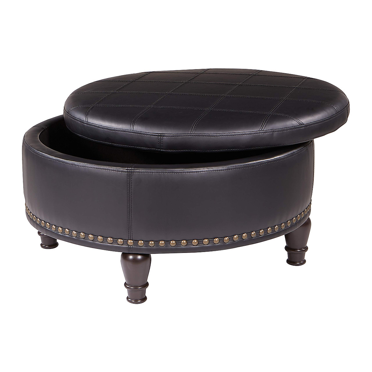 INSPIRED by Bassett OSP Home Furnishings Augusta Round Storage Ottoman with Decorative Nailheads and Flip Over Lid with Serving Tray Surface, Black Faux Leather