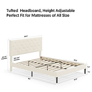 BONSOIR Queen Size Bed Frame Upholstered Low Profile Traditional Platform with Tufted Headboard/No Box Spring Needed/No Bed Skirt Needed/Soft Faux Velvet Upholstery/ Ivory