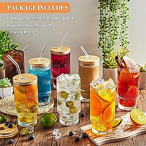Set of 8 Glass Cups with Bamboo Lids and Straws 16oz Ribbed Glassware Set Drinking Glasses Highball Tumbler Airtight Lid Juices Iced Coffee Cups Mason Jar Drinking Cup for Cocktail Smoothies Soda Tea