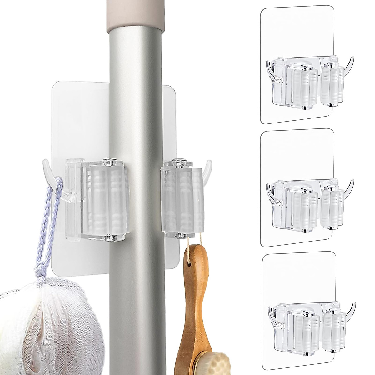 Bafezoze Broom Holder Wall Mount Self Adhesive, 4 Pack Broom Hanger, Anti-Slip Broom and Mop Organizer Wall Hanging for Bathroom Kitchen Laundry Room, Transparent Plastic