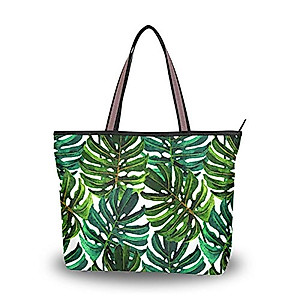 Women Tote Top Handle Shoulder Bags Watercolor Monstera Leaf Large Zip Ladies Handbag