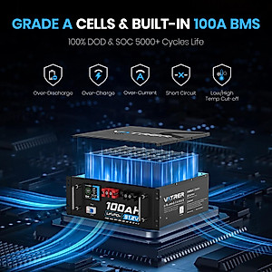 VATRER POWER 48V 100AH Lithium LiFePO4 Battery, Built-in 100A BMS, with Touchable Smart Display & Mobile APP, Max. 4800W Power Output, 5000+ Cycles, Perfect for Solar System &Off-Grid Applications