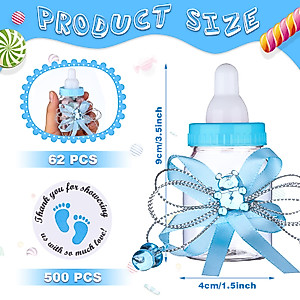 62 Pcs 3.5 Inch Baby Mini Milk Bottle Baby Shower Favor with 500 Adhesive Thank You for Showering Stickers, Small Plastic Bear Candy Bottle with Ribbon for Boy Girl Newborn Baptism Party Decor (Blue)