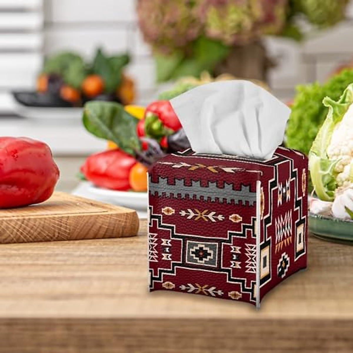Gearider PU Leather Tissue Box Holder, Brown Aztec Tribal Modern Square Tissue Box Cover Decorative Paper Facial Case Dispenser for Bathroom, Office, Car, Home Decor