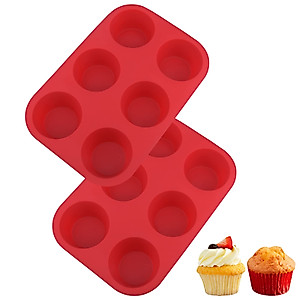 2PCS Silicone Muffin Pans Non-Stick Cupcake Pan 6 Cup Mini Muffin Pan,Reusable Muffin Baking Silicone Mol ds,Muffin Tin For Muffin,Cupcake,Brownie,2 Trays Overlapped(Red,size:9.45x6.5x1.57inch)