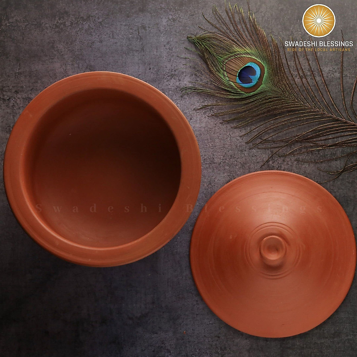 Swadeshi Blessings HandMade Exclusive Range Unglazed Earthen Kadai/Mud Handi/Mitti Ke Bartan/Clay Pot for Cooking & Serving with Lid(with Mirror Shine) + Free Palm Leaf Stand (5.5 Liters)
