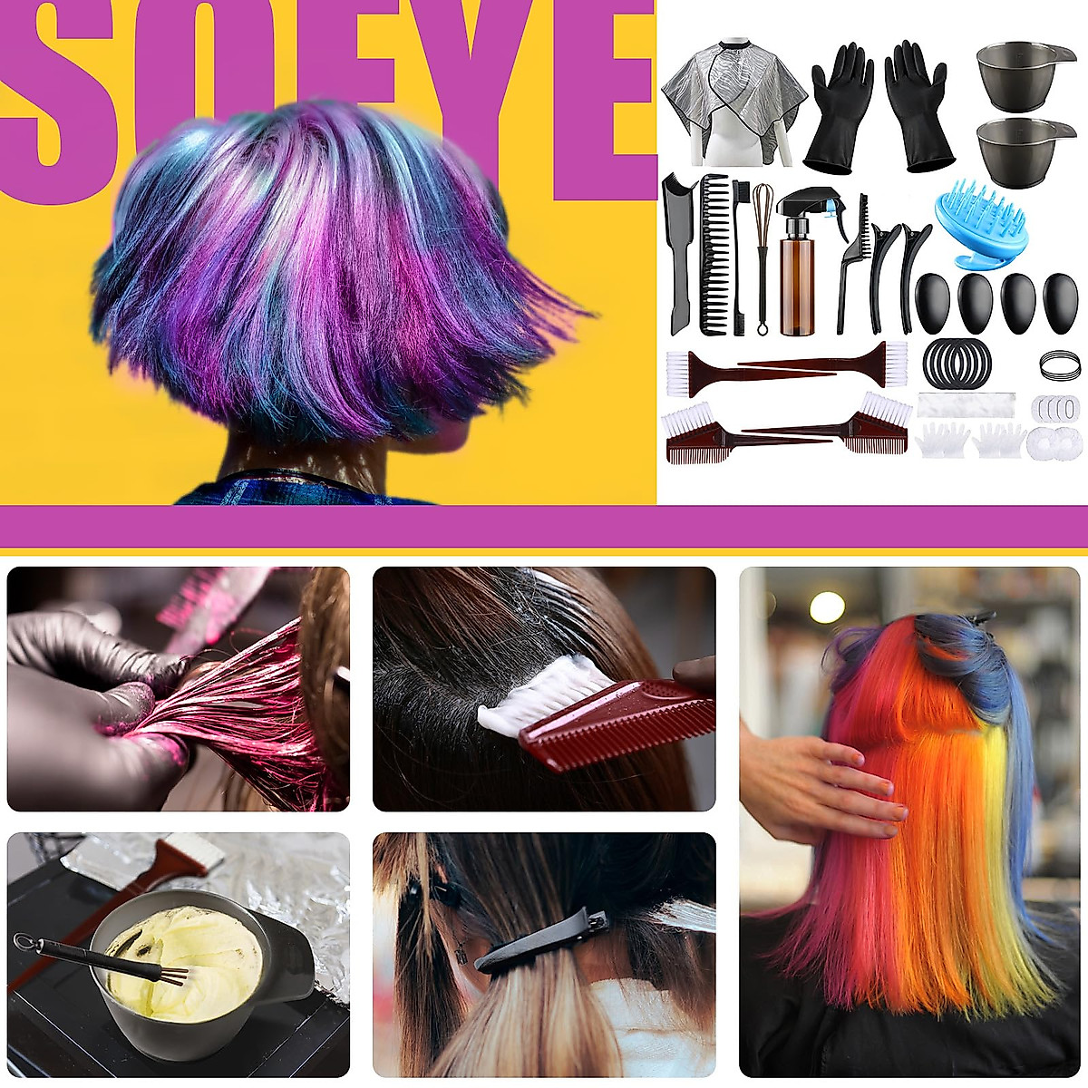 SOFYE 42pcs Hair Dye Coloring Kit, Brush and Mixing Bowl Set with Scalp Massager Shampoo Brush, Tinting Bowl, Ear Cover, Gloves, DIY Salon Hair Painting Bleaching Tools